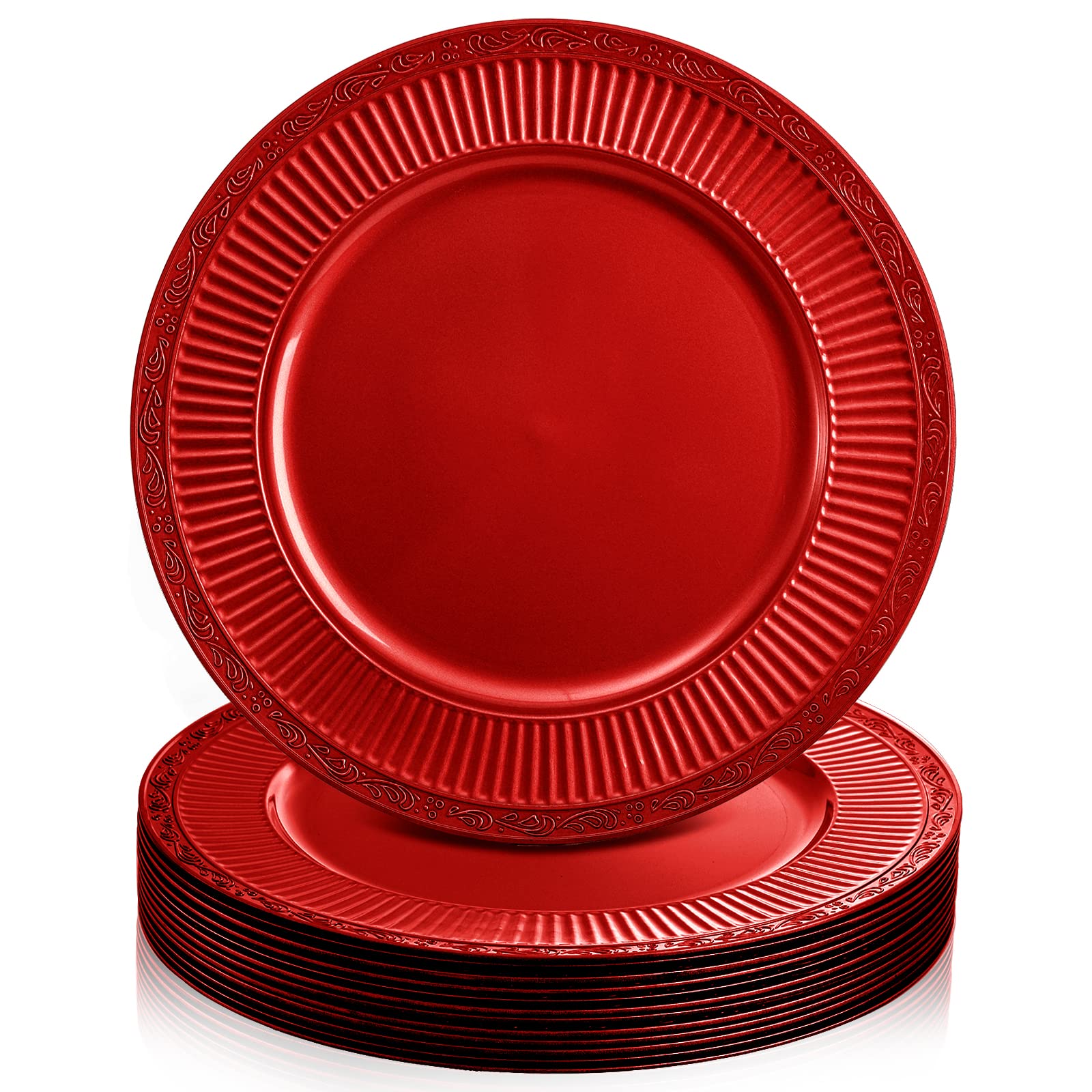 Yesland 12 Pack Charger Plates with Hammered Rim, 13 Inch Plastic Red Charger Round Decorative Dinner Chargers, Embossed Charger Serving Plates for Wedding, Dinner Parties, Tabletop