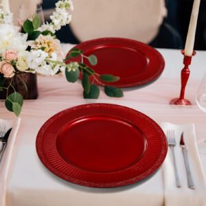 Yesland 12 Pack Charger Plates with Hammered Rim, 13 Inch Plastic Red Charger Round Decorative Dinner Chargers, Embossed Charger Serving Plates for Wedding, Dinner Parties, Tabletop