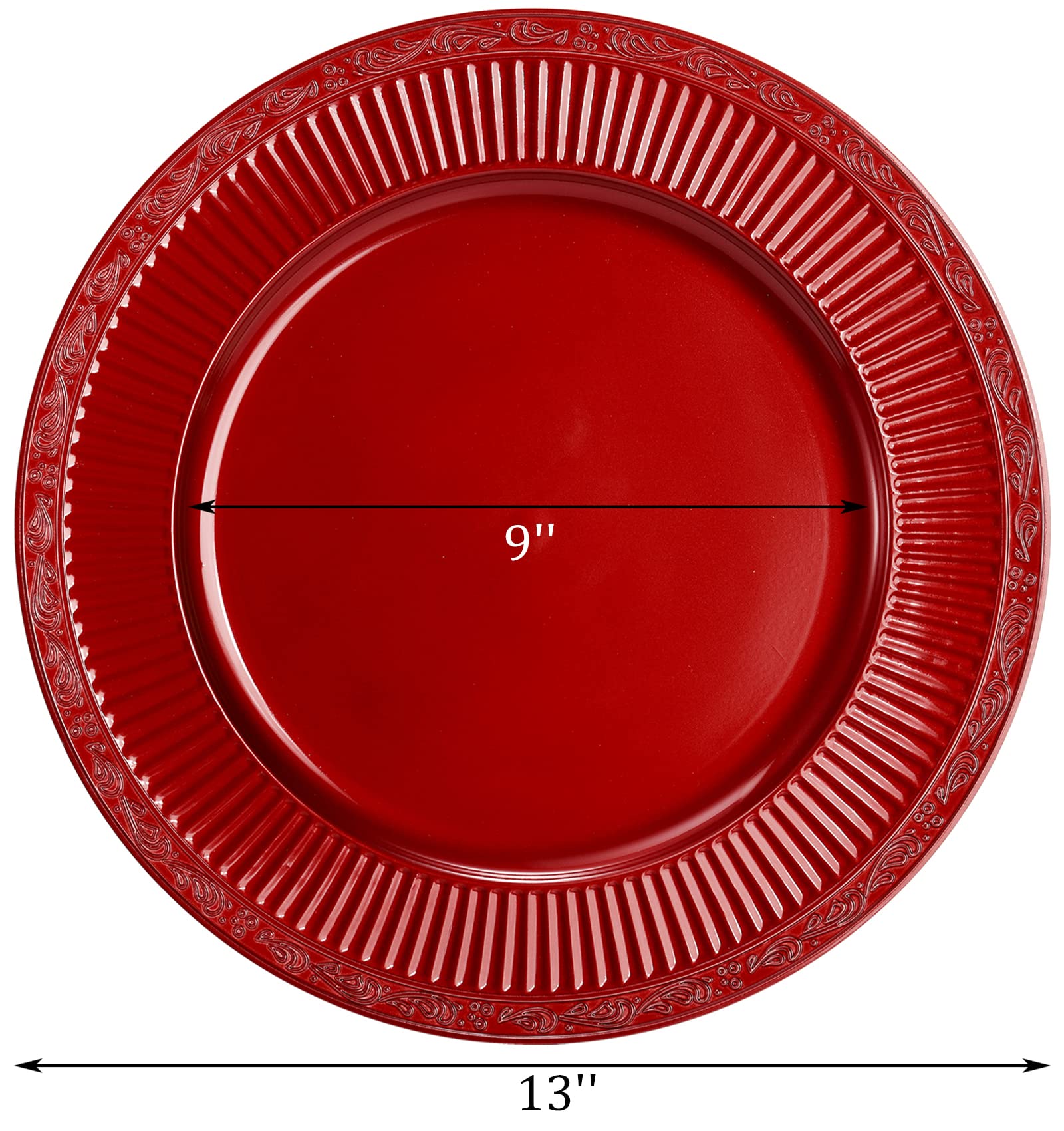 Yesland 12 Pack Charger Plates with Hammered Rim, 13 Inch Plastic Red Charger Round Decorative Dinner Chargers, Embossed Charger Serving Plates for Wedding, Dinner Parties, Tabletop