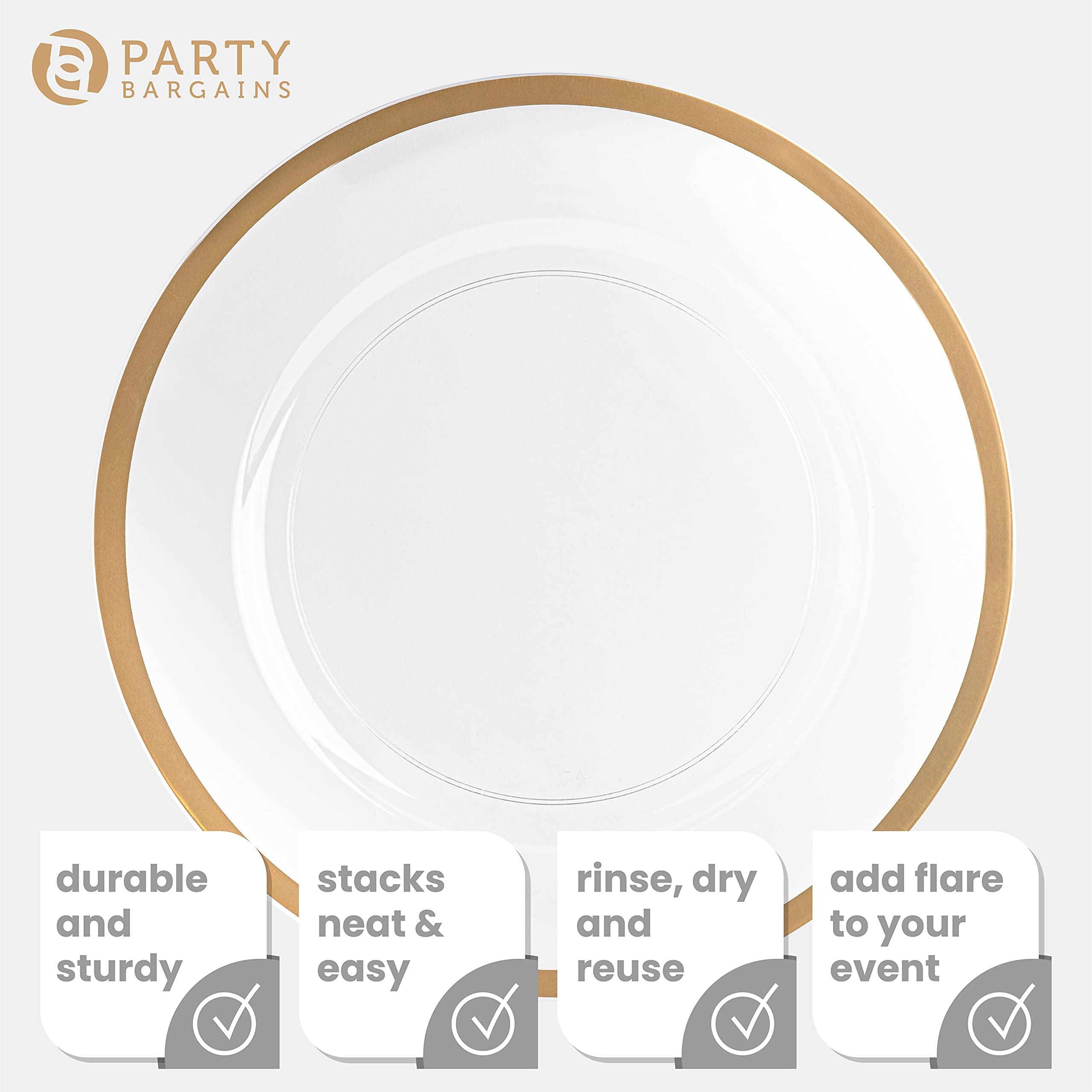 PARTY BARGAINS 13-Inch Charger Plates - 16 Pack, Clear Gold Rim, Heavy-Duty Disposable Chargers for Elegant Dining - Ideal for Weddings and Formal Events