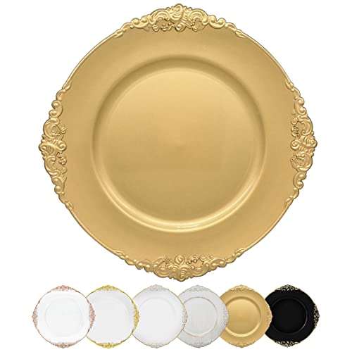 DaCakeWS Gold Antique Charger Plates Set of 12, 13" Round Plastic Chargers For Dinner Plates,Wedding Reception Antique Chargers Plates For Tabletop Decor Catering Event(Gold Antique12PCS)