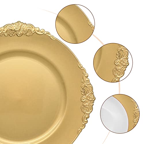 DaCakeWS Gold Antique Charger Plates Set of 12, 13" Round Plastic Chargers For Dinner Plates,Wedding Reception Antique Chargers Plates For Tabletop Decor Catering Event(Gold Antique12PCS)