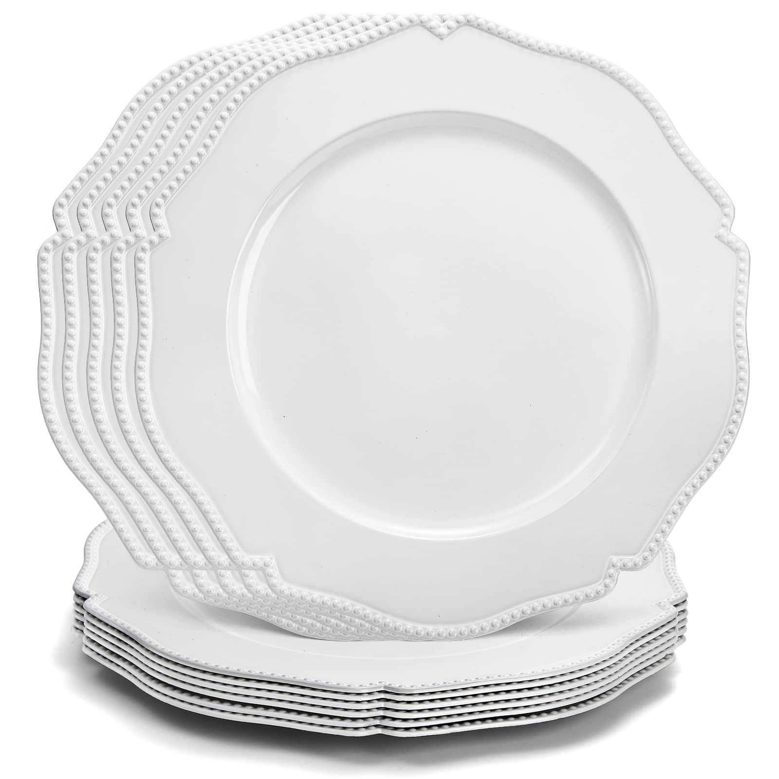 Foraineam 12 Pack White Charger Plates with Beaded Rim, 13 Inch Round Plastic Dinner Chargers, Scalloped Serving Plates for Table Settings Wedding Party Catering Event Decoration