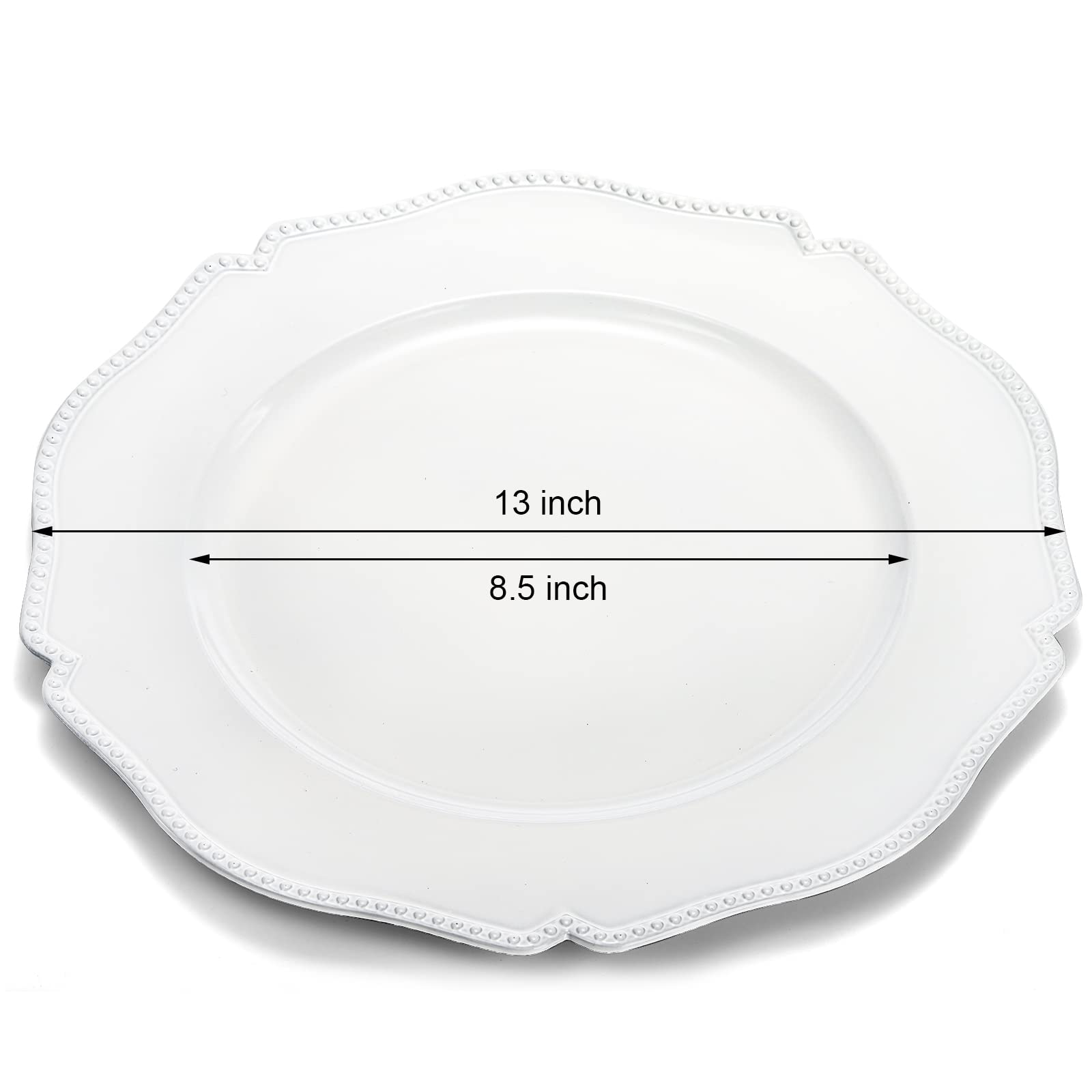 Foraineam 12 Pack White Charger Plates with Beaded Rim, 13 Inch Round Plastic Dinner Chargers, Scalloped Serving Plates for Table Settings Wedding Party Catering Event Decoration