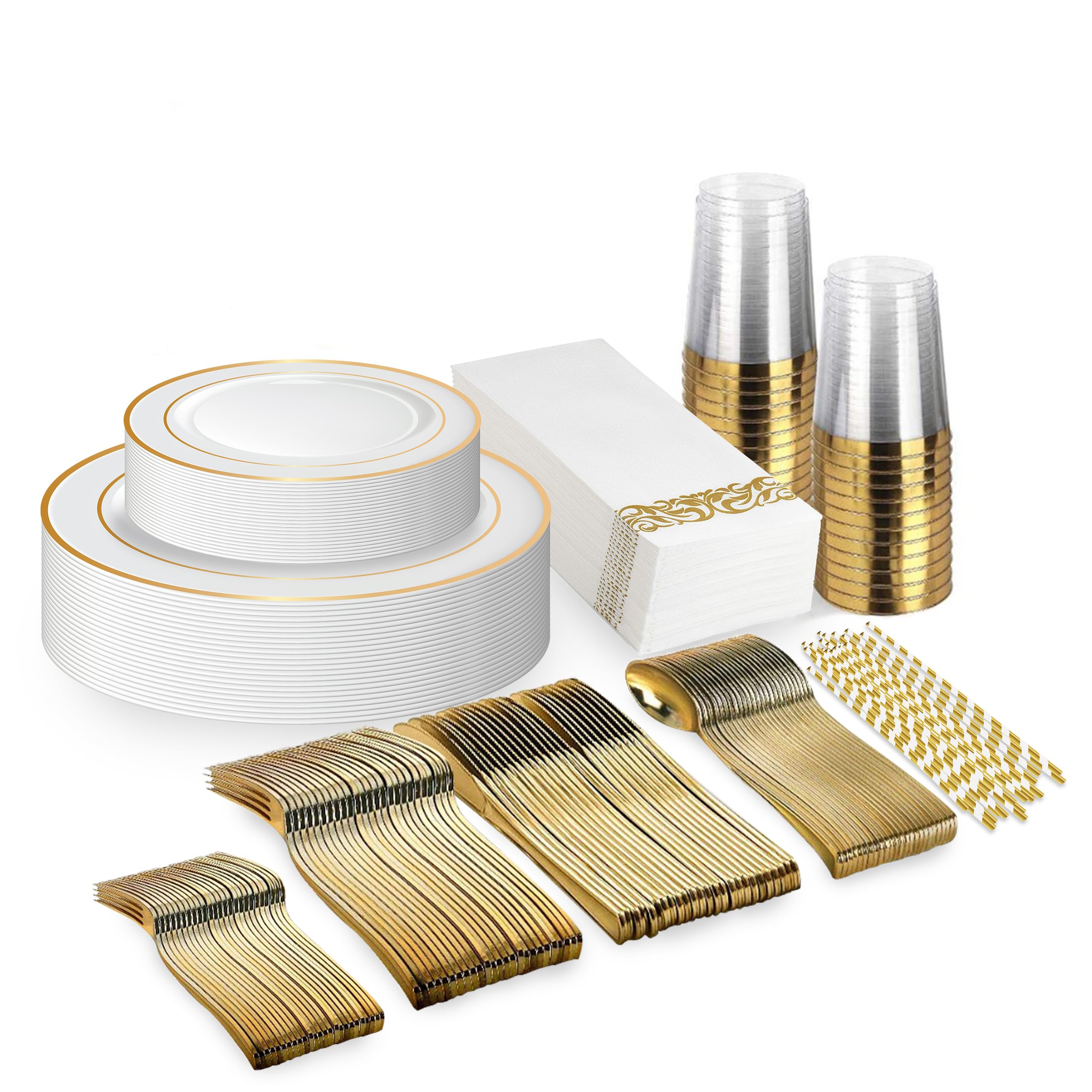 Neatiffy 225 Pcs Gold Rim Disposable Plastic Dinnerware Set (25 Guest) | 25 x (Dinner Plate, Dessert Plate, Gold Plastic Silverware, Cup, Napkin, Straw) | For Wedding, Luxurious Party, Special Event