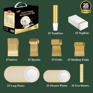 Neatiffy 225 Pcs Gold Rim Disposable Plastic Dinnerware Set (25 Guest) | 25 x (Dinner Plate, Dessert Plate, Gold Plastic Silverware, Cup, Napkin, Straw) | For Wedding, Luxurious Party, Special Event