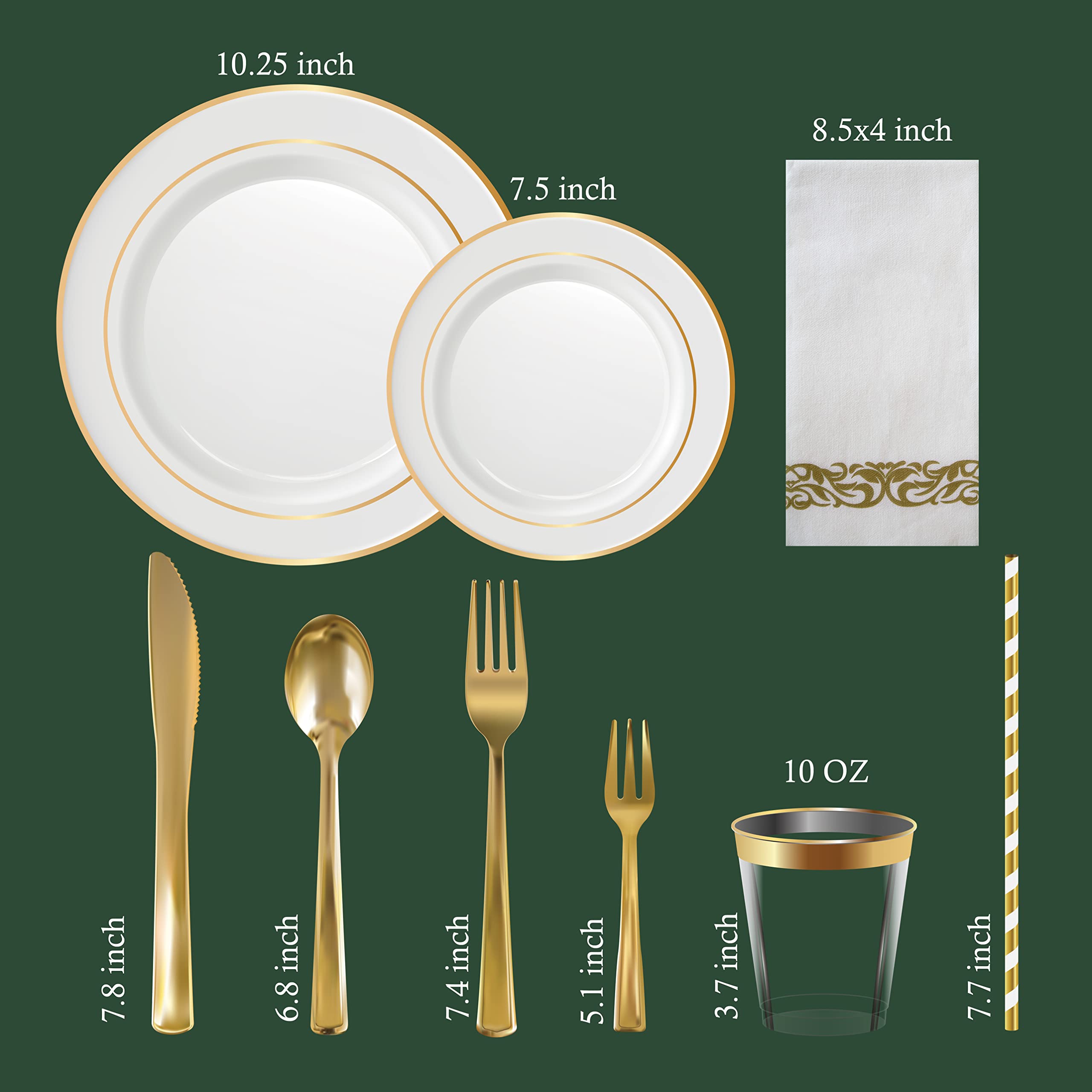 Neatiffy 225 Pcs Gold Rim Disposable Plastic Dinnerware Set (25 Guest) | 25 x (Dinner Plate, Dessert Plate, Gold Plastic Silverware, Cup, Napkin, Straw) | For Wedding, Luxurious Party, Special Event