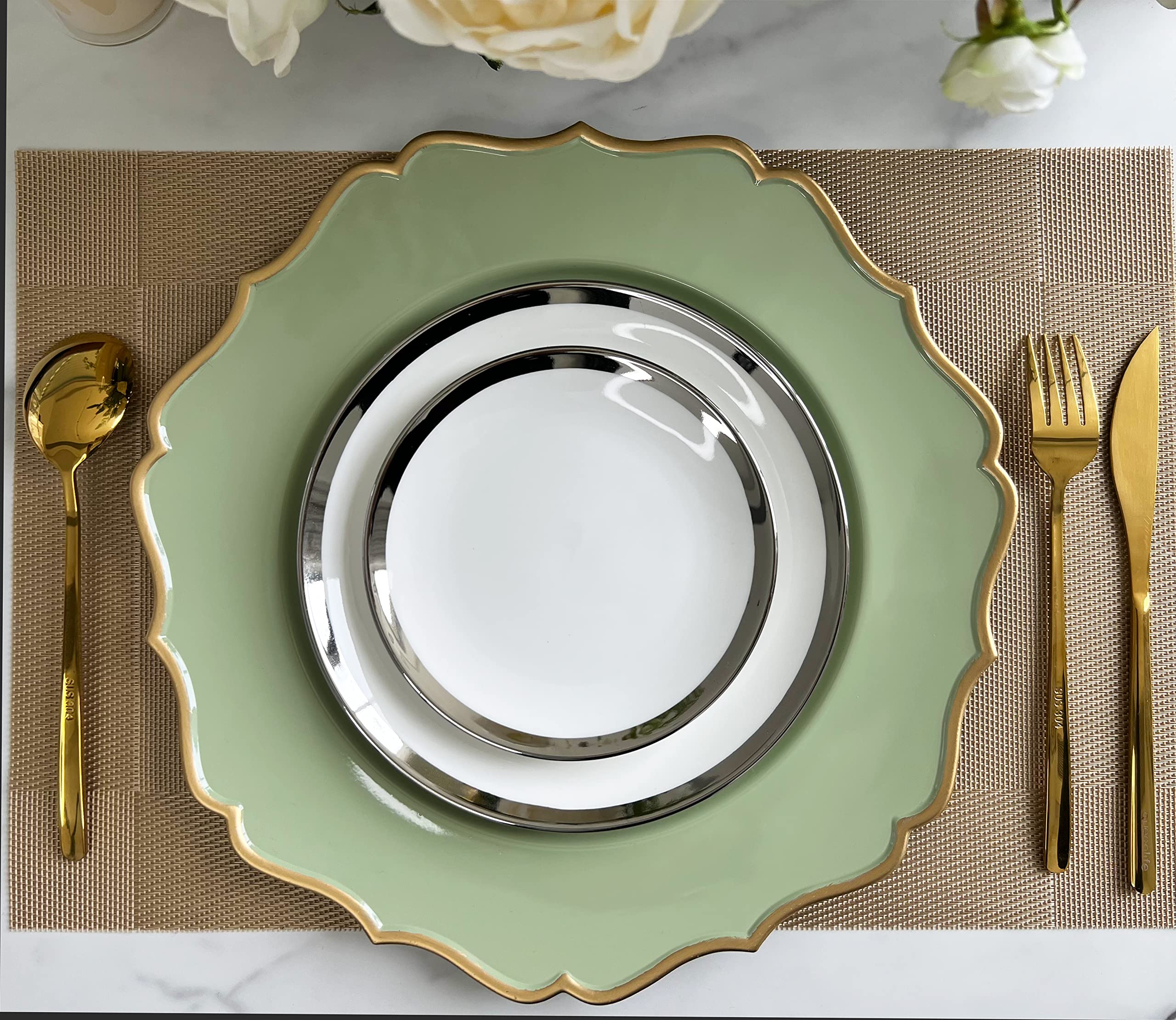 Henilosson Green Charger Plates Gold Trim - Classic Plate Chargers for Dinner Plates - Set of 6 Dinner Chargers（6，Green）