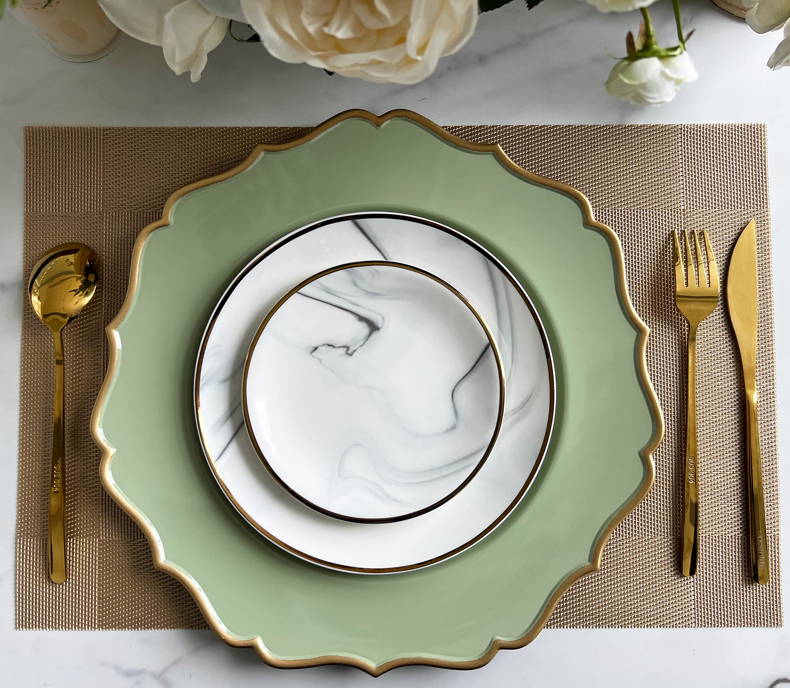 Henilosson Green Charger Plates Gold Trim - Classic Plate Chargers for Dinner Plates - Set of 6 Dinner Chargers（6，Green）