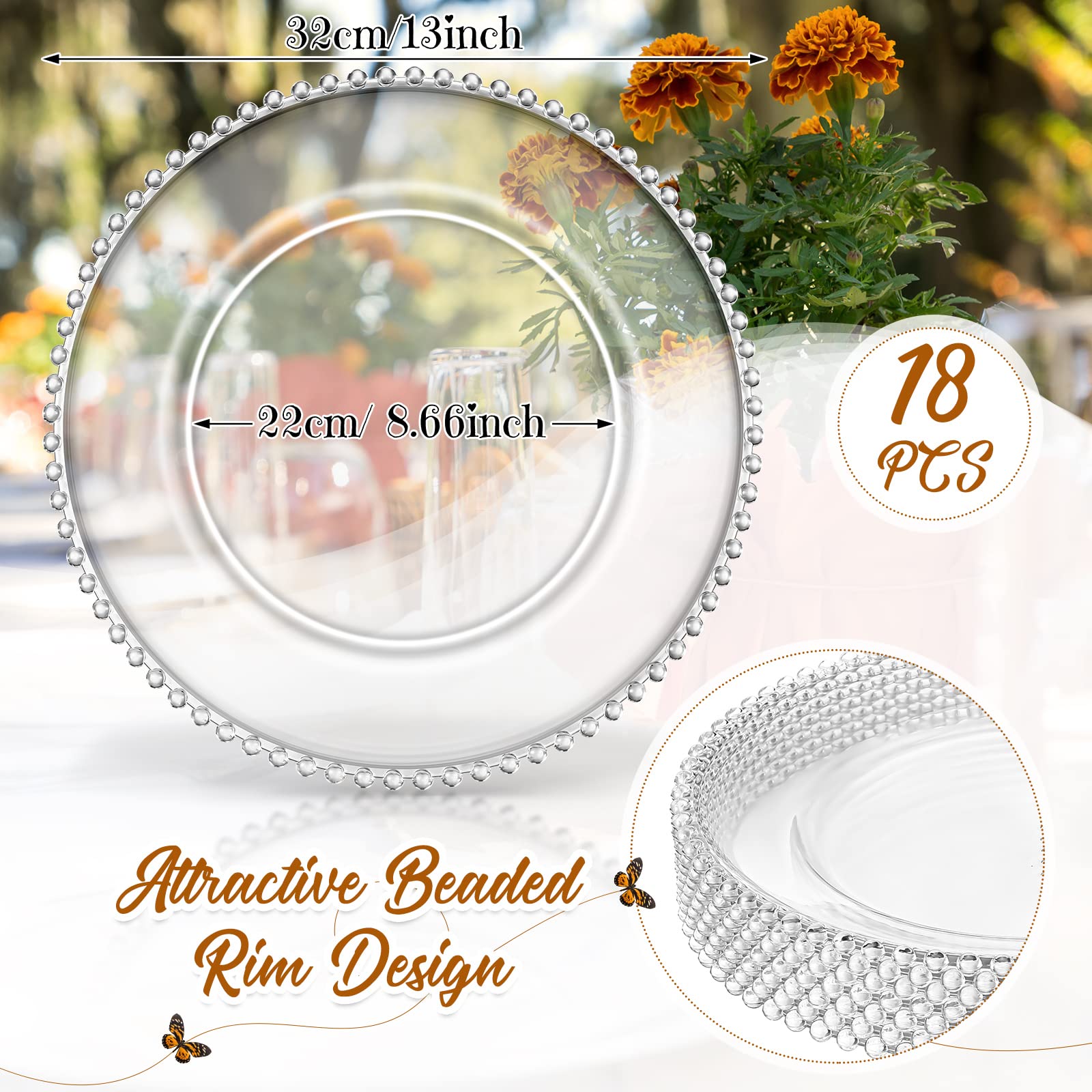 18 PCS Clear Charger Plates with Beaded Rim 13 Inch Plastic Acrylic Round Dinner Plate Chargers Decorative Plates for Home Kitchen Party Wedding Tabletop Decor (Clear)