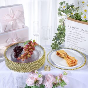 Yinder 12 Set Gold Beaded Charger Plates and Napkin Rings, Acrylic Gold Beaded Clear Chargers for Dinner Serving Plates with Gold Beaded Rim Wedding Dinning Table Party Decoration