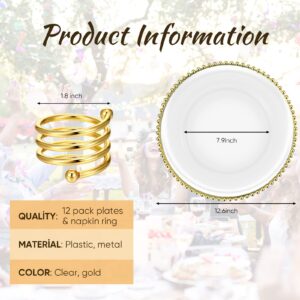 Yinder 12 Set Gold Beaded Charger Plates and Napkin Rings, Acrylic Gold Beaded Clear Chargers for Dinner Serving Plates with Gold Beaded Rim Wedding Dinning Table Party Decoration