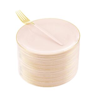 liyh 48pcs pink plastic plates with 48pcs pink dessert forks,gold and pink dessert plates,plastic salad plates,pink cake plates with forks for parties,birtday,bridal shower