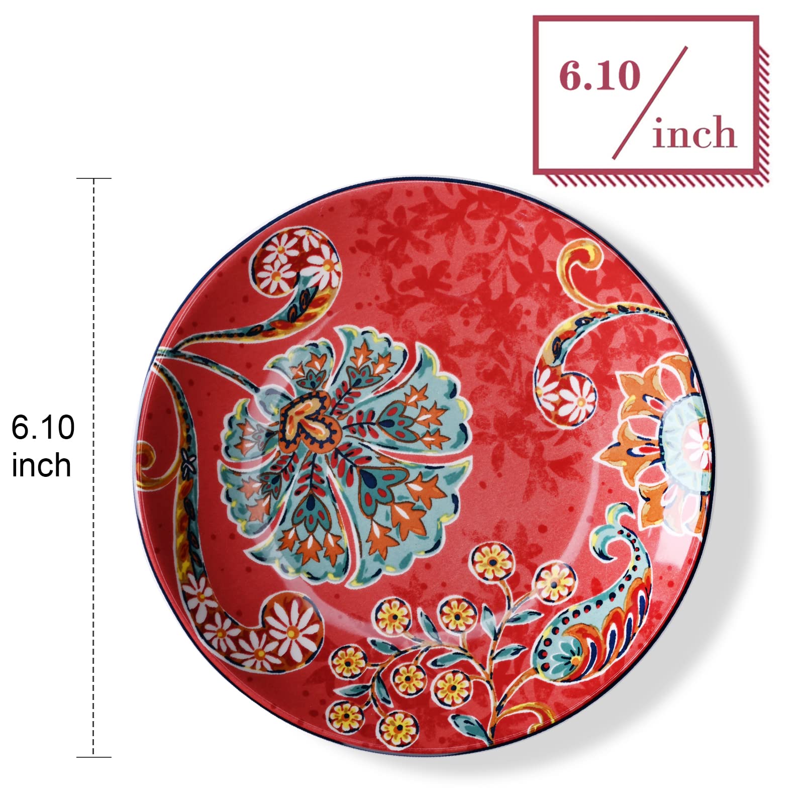 Sonemone Red Farmhouse Floral Dessert Plates, 6 Inch Appetizer Plates Set of 6, for Valentines Cake, Pie, Snacks, Ice cream, Side Dish, Sauces, Microwave & Dishwasher Safe