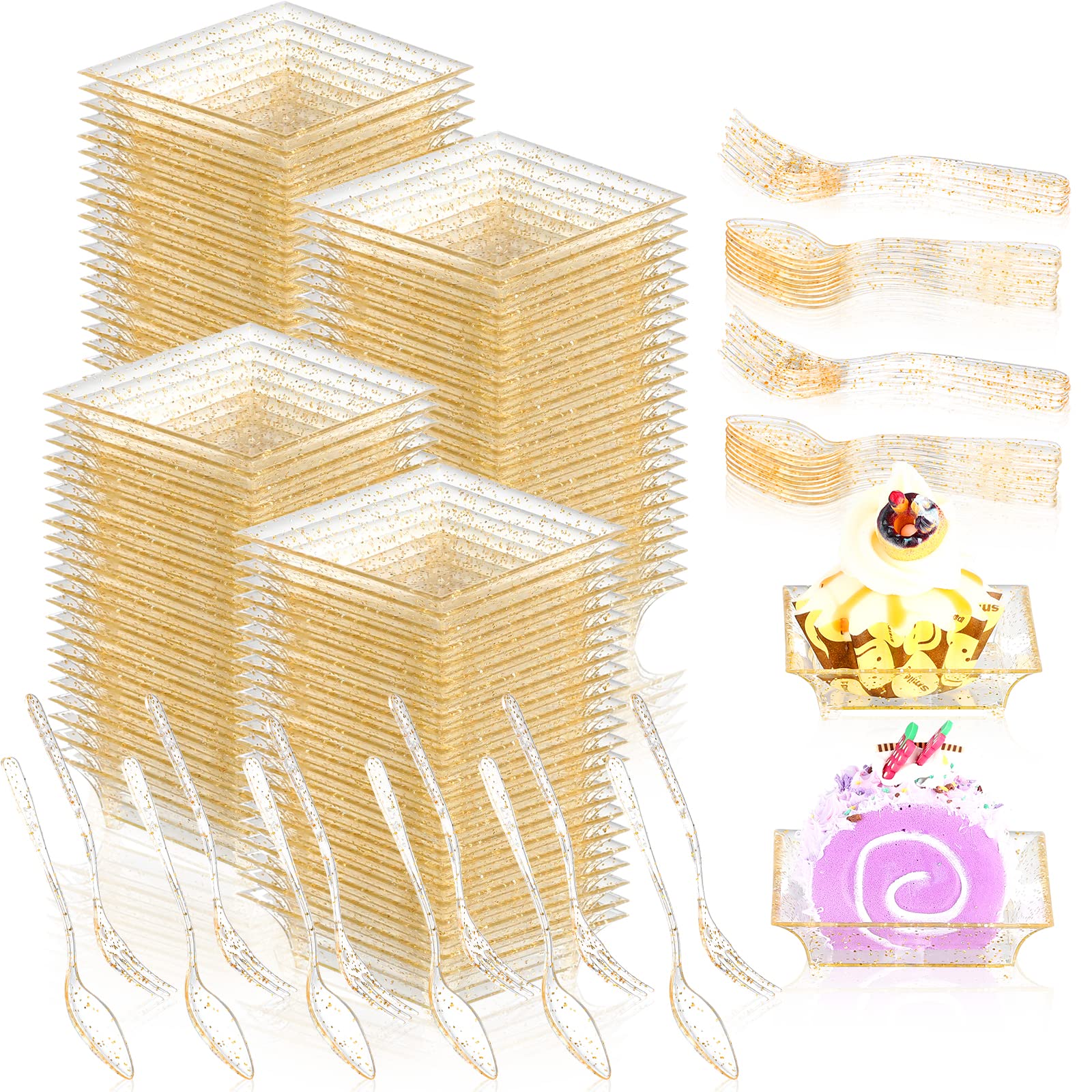 100 Pieces 1oz Mini Dessert Plates with Spoons Forks 2.4 inch Gold Glitter Disposable Square Appetizer Trays Small Clear Gold Tasting Plate for Dessert Salad Sauces Tastings Cake Wedding Party