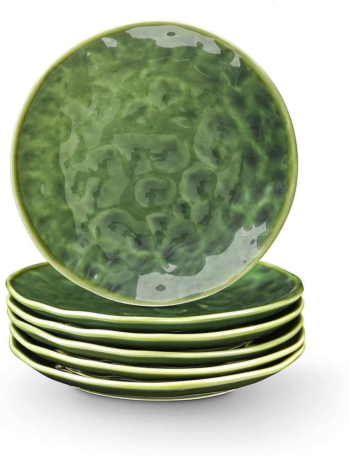 Ceramic Round Dessert Salad Plates - 8 Inch, Set of 6, Microwave, Oven, and Dishwasher Safe, Scratch Resistant, Porcelain Fluted Suitable for Snacks, Appetizer, Home, Party (Green)