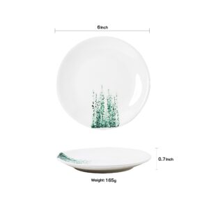 YCBH 6 Inch Set of 6 Assorted Designs, Small Porcelain Plates with Plants Pattern,White Ceramic Dinnerware for Appetizer Luncheon Snacks Dessert Serving Bread, Microwave Oven Dishwasher Safe