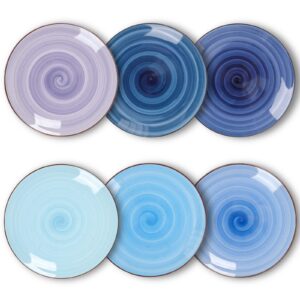 kitchentour ceramic dinner plates, 8 inch porcelain serving plate for salad, dessert pizza steak pasta plates set, dishwasher and microwave safe - set of 6, assorted cool colors