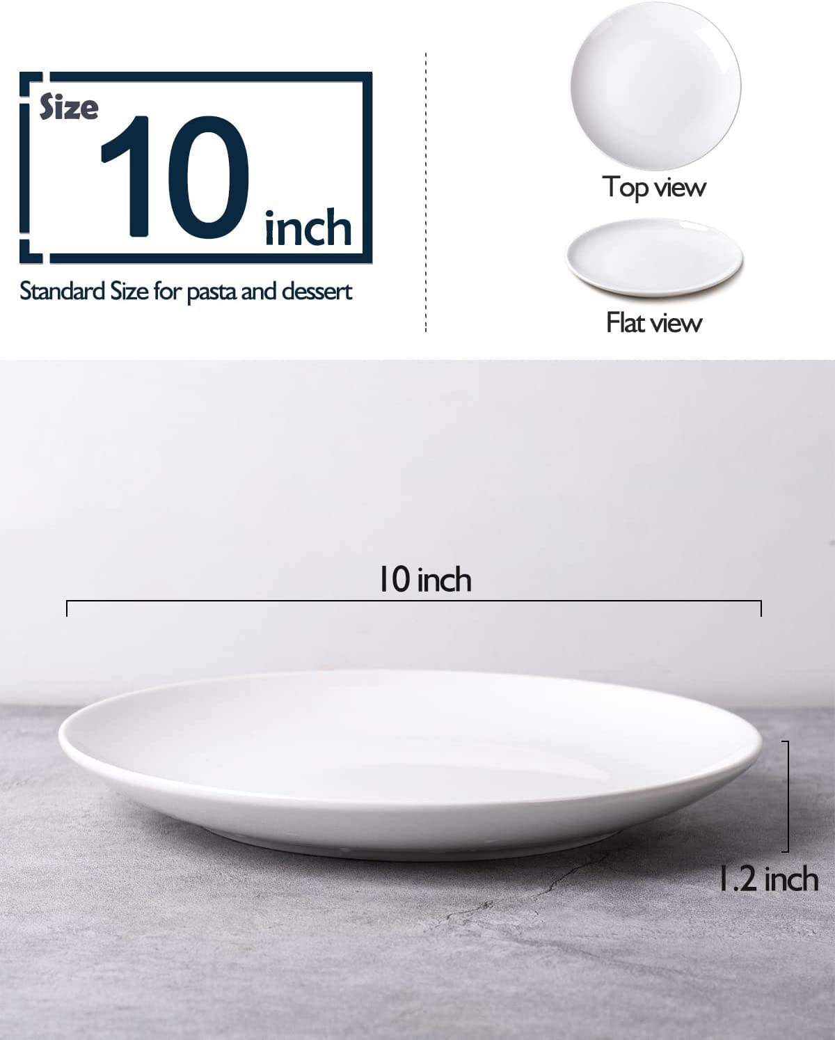 DELLING Dinner Plates Set of 6, 10 inch Ceramic Plates - Microwave, Oven, and Dishwasher Safe, Scratch Resistant - Modern Dinnerware Dish Set for Kitchen Serving - White