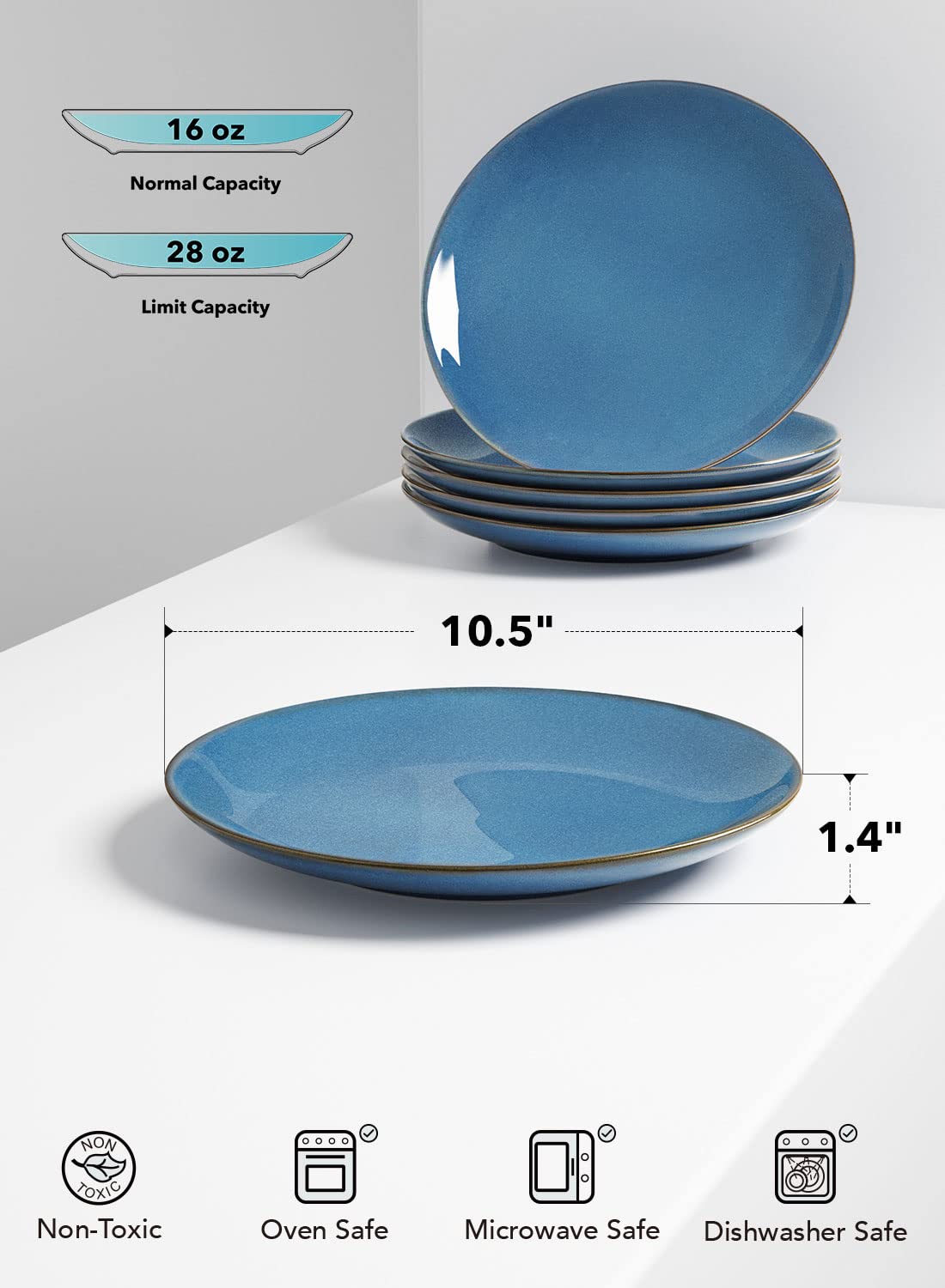 LE TAUCI Dinner Plates 10.5 Inch, Ceramic Salad Plate Set, Kitchen Serving Dishes for Housewarming Thanksgiving Christmas, Microwave Oven Safe - Set of 6, Reactive Glaze, Ceylon Blue