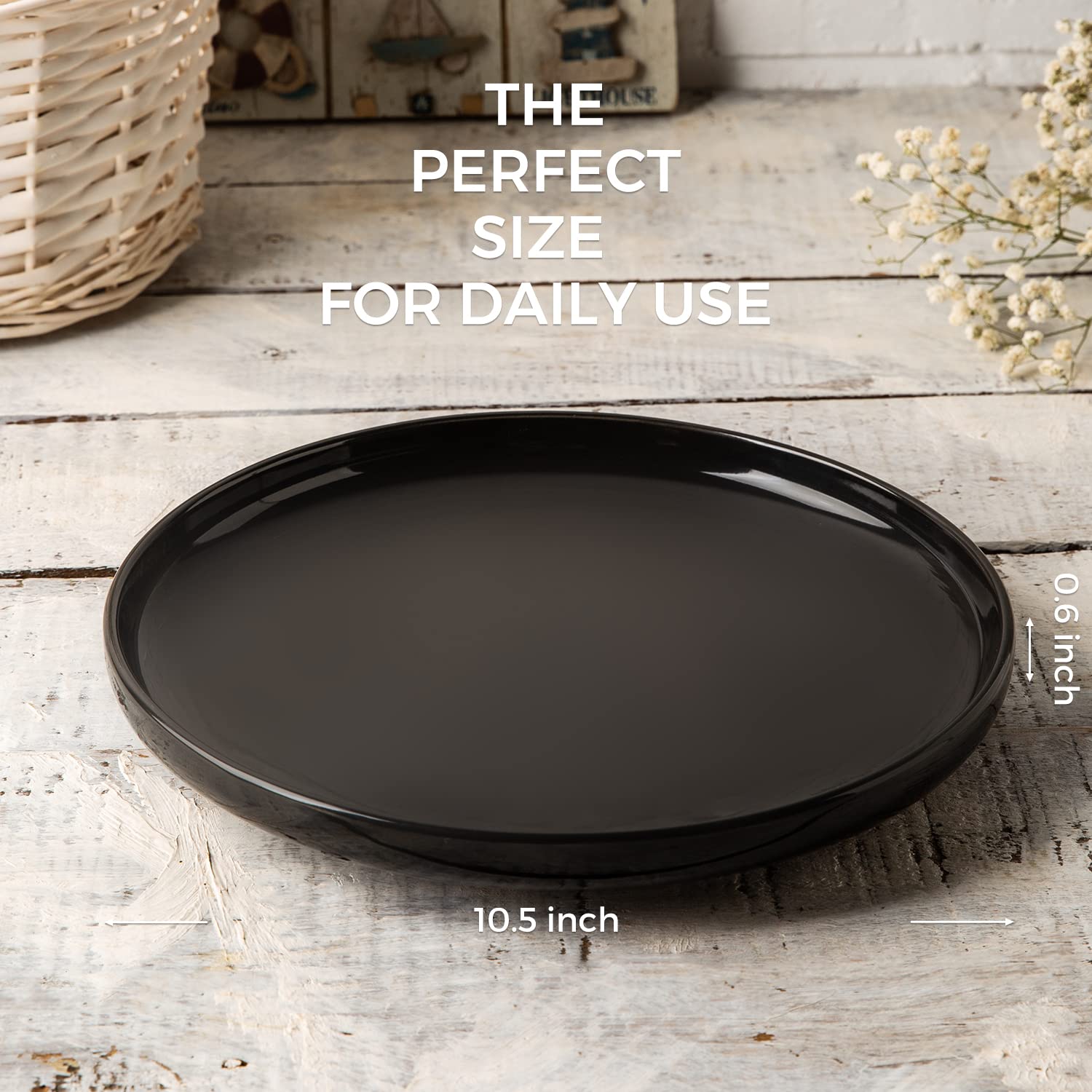 AmorArc Ceramic Dinner Plates Set of 6,10.5 inch Stoneware plates for Kitchen, Dinnerware Dishes set- Microwave,Dishwasher Safe,Scratch Resistant -Black