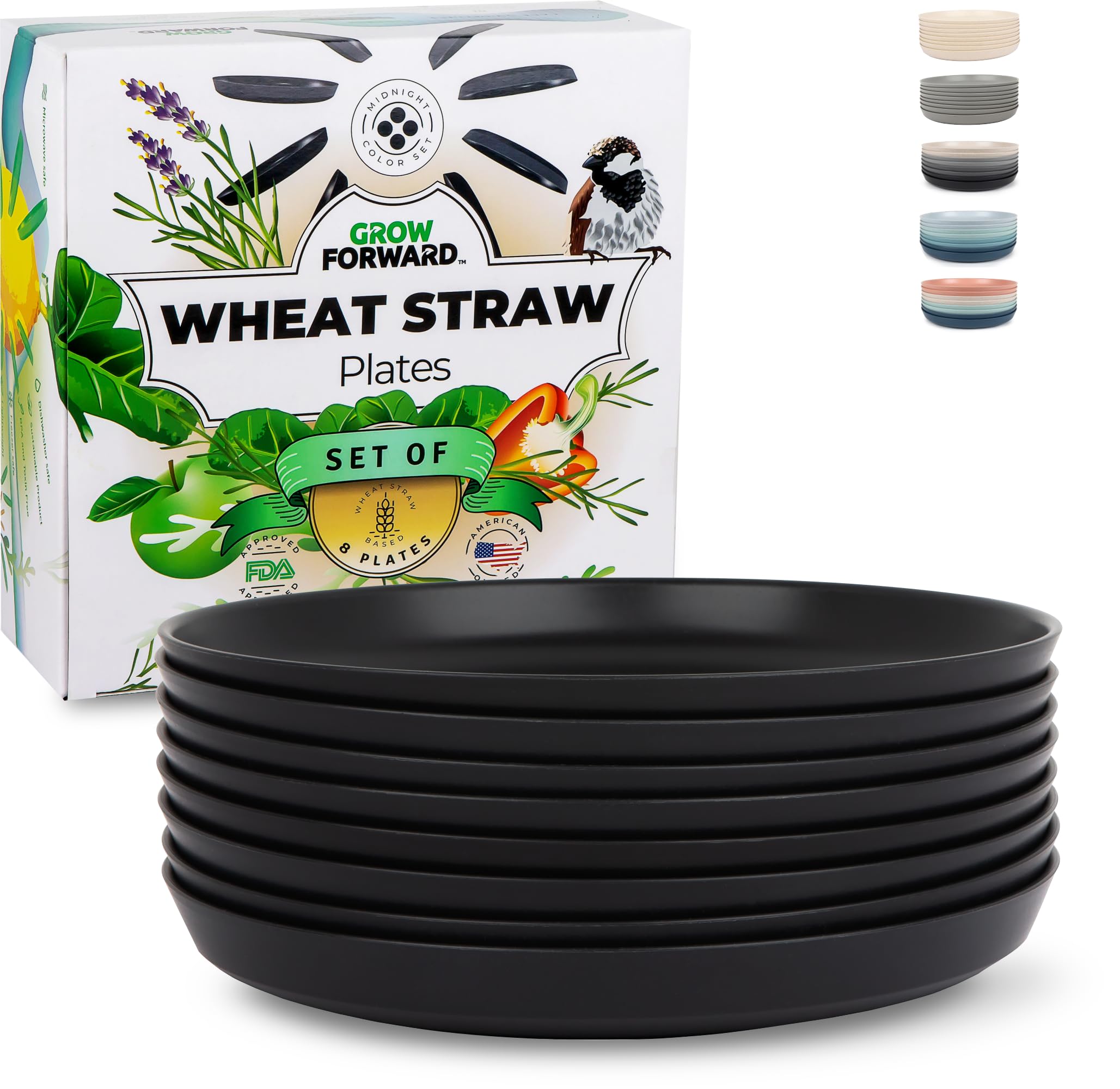 Grow Forward Premium Wheat Straw Plates - 10 Inch Hard Plastic Plates Reusable - Unbreakable Microwave Safe Deep Dinner Plates Set of 8 - Outdoor Plates for Patio, Camping, Picnic, Kids - Midnight