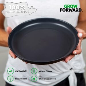 Grow Forward Premium Wheat Straw Plates - 10 Inch Hard Plastic Plates Reusable - Unbreakable Microwave Safe Deep Dinner Plates Set of 8 - Outdoor Plates for Patio, Camping, Picnic, Kids - Midnight