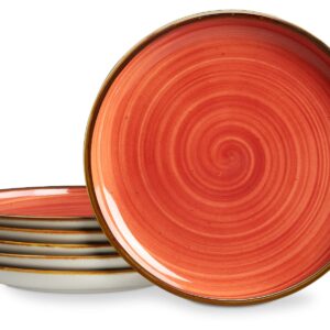 ONEMORE Ceramic Plates Set of 6, 8.5 inch Small Dinner Plates for Appetizer, Salad and Dessert. Oven, Microwave and Dishwasher Safe Plate. Rustic Kitchen Porcelain Dish - Red