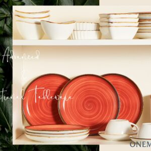 ONEMORE Ceramic Plates Set of 6, 8.5 inch Small Dinner Plates for Appetizer, Salad and Dessert. Oven, Microwave and Dishwasher Safe Plate. Rustic Kitchen Porcelain Dish - Red