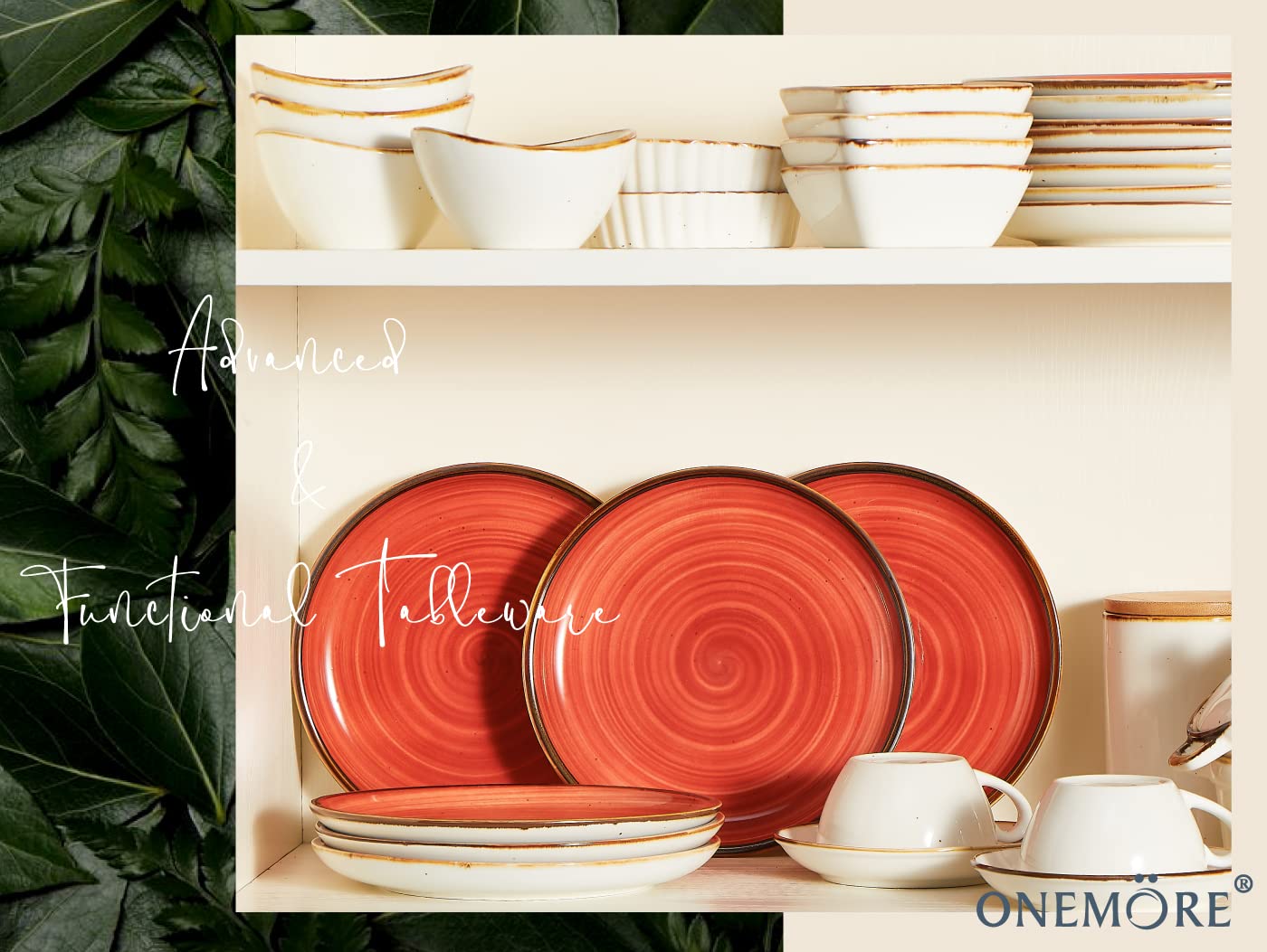 ONEMORE Ceramic Plates Set of 6, 8.5 inch Small Dinner Plates for Appetizer, Salad and Dessert. Oven, Microwave and Dishwasher Safe Plate. Rustic Kitchen Porcelain Dish - Red