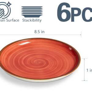 ONEMORE Ceramic Plates Set of 6, 8.5 inch Small Dinner Plates for Appetizer, Salad and Dessert. Oven, Microwave and Dishwasher Safe Plate. Rustic Kitchen Porcelain Dish - Red