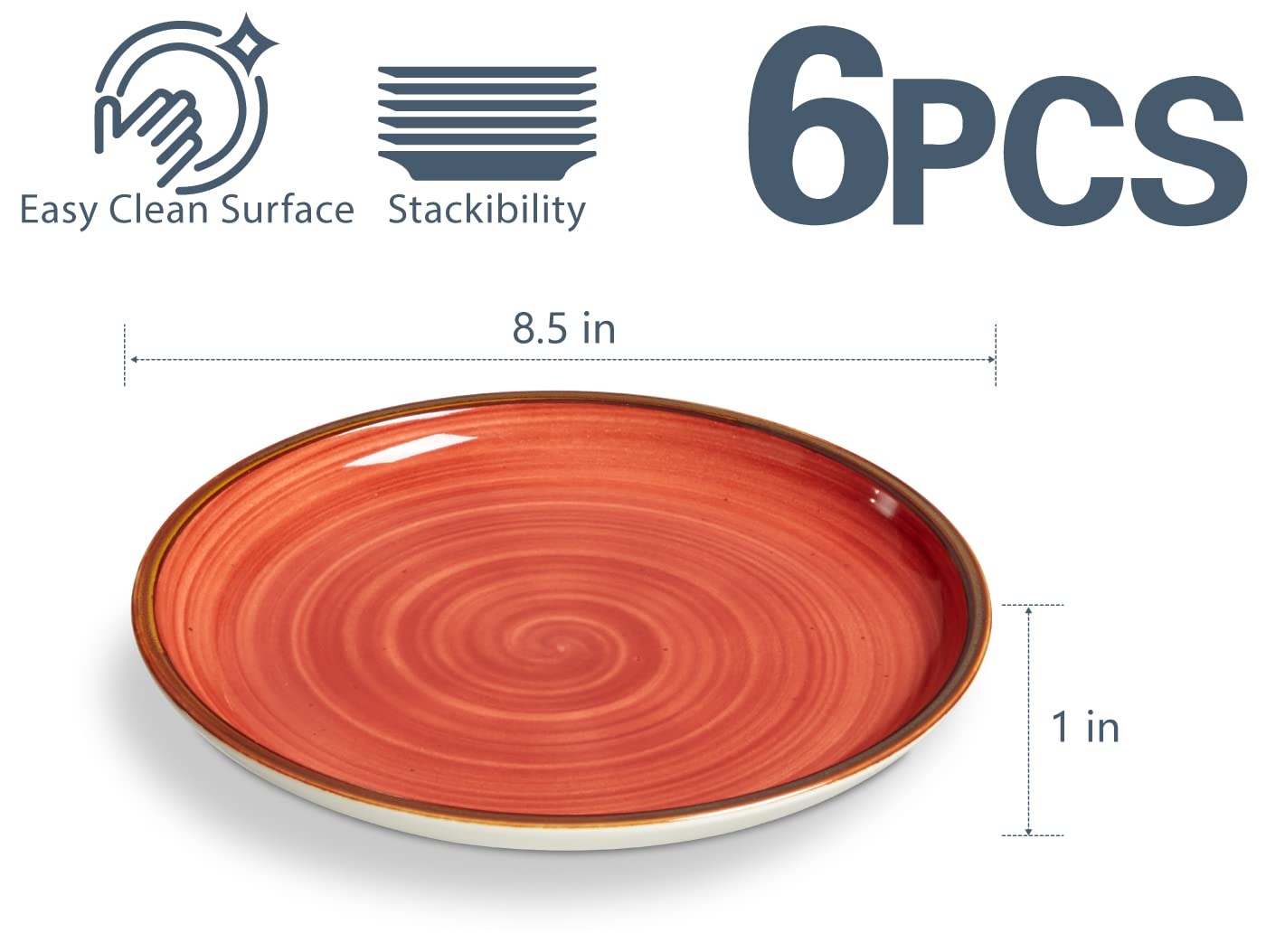 ONEMORE Ceramic Plates Set of 6, 8.5 inch Small Dinner Plates for Appetizer, Salad and Dessert. Oven, Microwave and Dishwasher Safe Plate. Rustic Kitchen Porcelain Dish - Red