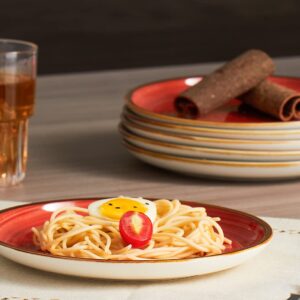 ONEMORE Ceramic Plates Set of 6, 8.5 inch Small Dinner Plates for Appetizer, Salad and Dessert. Oven, Microwave and Dishwasher Safe Plate. Rustic Kitchen Porcelain Dish - Red