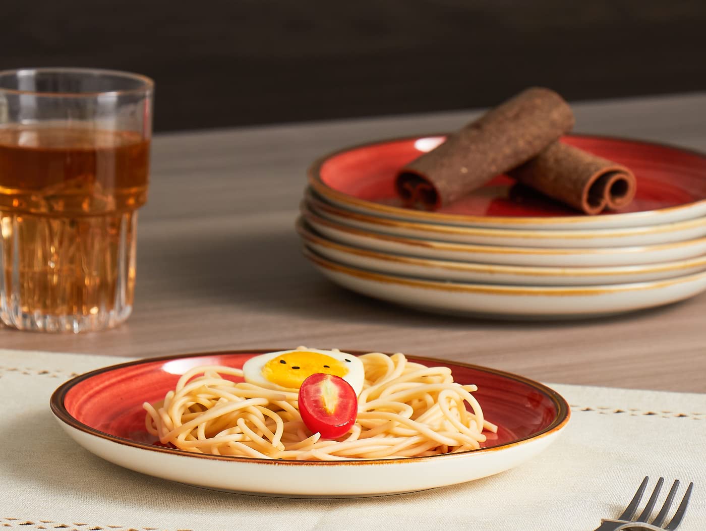 ONEMORE Ceramic Plates Set of 6, 8.5 inch Small Dinner Plates for Appetizer, Salad and Dessert. Oven, Microwave and Dishwasher Safe Plate. Rustic Kitchen Porcelain Dish - Red