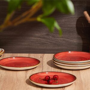 ONEMORE Ceramic Plates Set of 6, 8.5 inch Small Dinner Plates for Appetizer, Salad and Dessert. Oven, Microwave and Dishwasher Safe Plate. Rustic Kitchen Porcelain Dish - Red