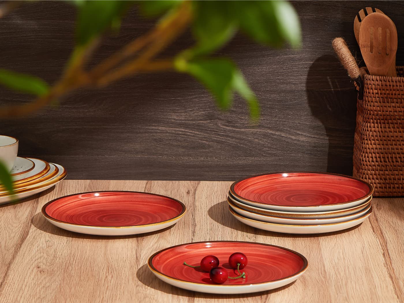 ONEMORE Ceramic Plates Set of 6, 8.5 inch Small Dinner Plates for Appetizer, Salad and Dessert. Oven, Microwave and Dishwasher Safe Plate. Rustic Kitchen Porcelain Dish - Red