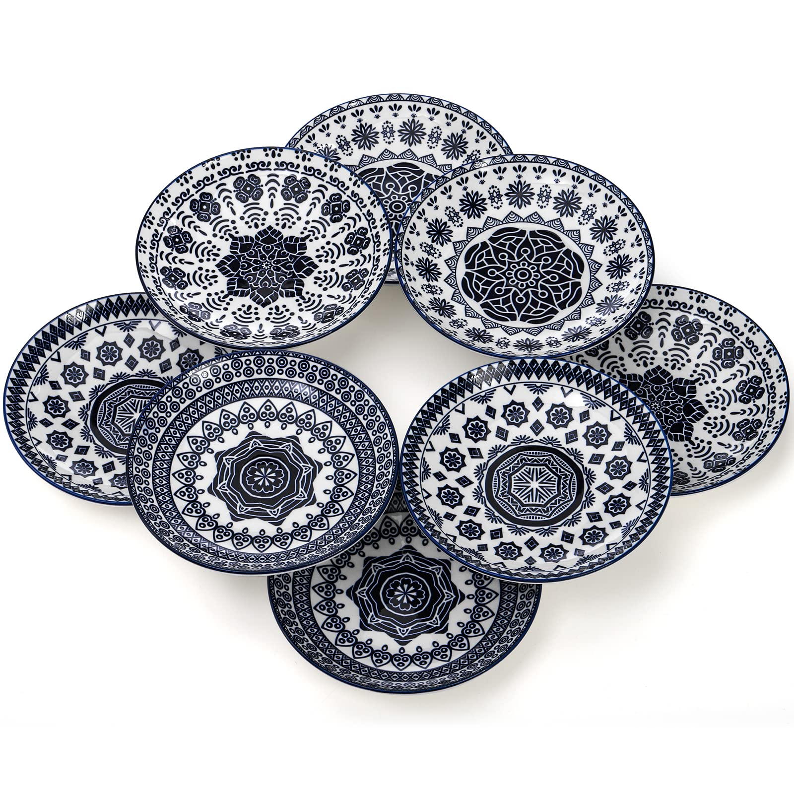 Foraineam 8 Pack Porcelain Salad Plates, 6-3/4 inch Blue and White Floral Shallow Round Serving Plate for Appetizer Salad Dessert and Snack, Microwave & Dishwasher Safe