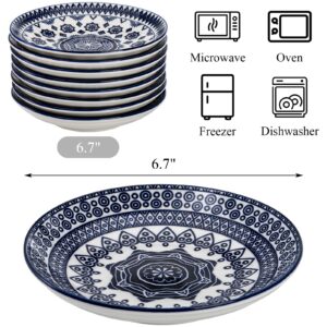 Foraineam 8 Pack Porcelain Salad Plates, 6-3/4 inch Blue and White Floral Shallow Round Serving Plate for Appetizer Salad Dessert and Snack, Microwave & Dishwasher Safe