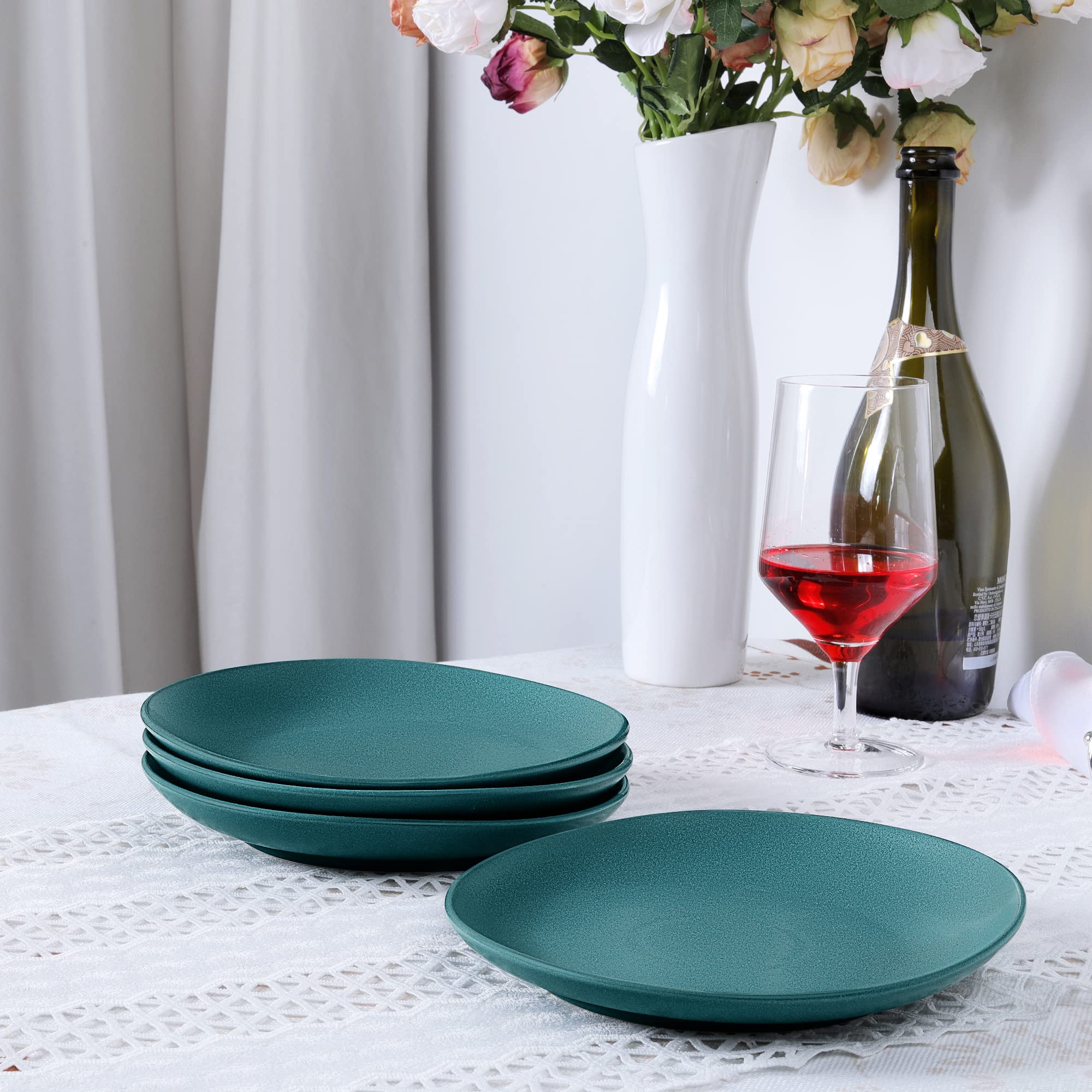 fanquare 8" Green Matte Dessert Plates Set of 4, Large Porcelain Pasta Plates, Modern Ceramic Dishes Set, Salad Plate