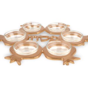 Zion Judaica Artistic Passover Seder Plate Pomegranate Shape Seder Tray Shiny Aluminum with 6 Glass Liners/Dishes Marked with the Names of Symbolic Pesach Foods Passover Plate Decor (Gold)