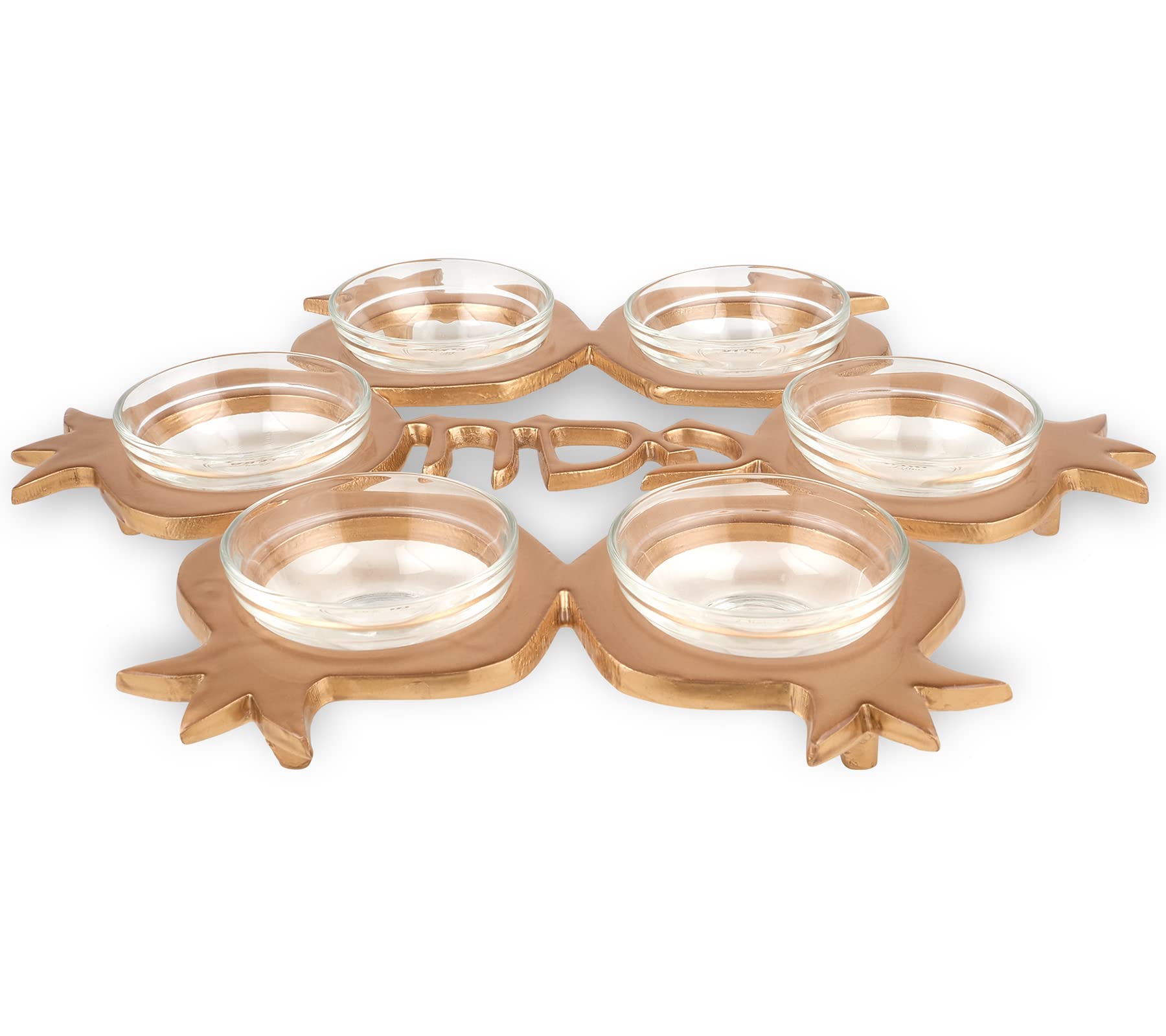 Zion Judaica Artistic Passover Seder Plate Pomegranate Shape Seder Tray Shiny Aluminum with 6 Glass Liners/Dishes Marked with the Names of Symbolic Pesach Foods Passover Plate Decor (Gold)