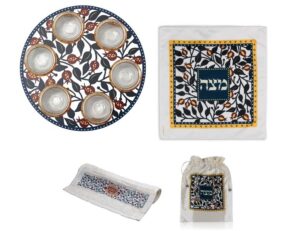 unique laser-cut seder plate with glass insets, matzah cover + more original judaica design (red pomegranates)