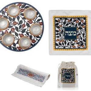 Unique Laser-cut Seder Plate with Glass Insets, Matzah Cover + More Original Judaica Design (Red Pomegranates)