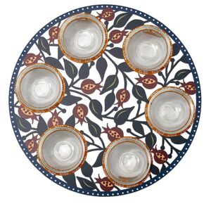 Unique Laser-cut Seder Plate with Glass Insets, Matzah Cover + More Original Judaica Design (Red Pomegranates)