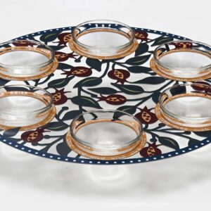 Unique Laser-cut Seder Plate with Glass Insets, Matzah Cover + More Original Judaica Design (Red Pomegranates)