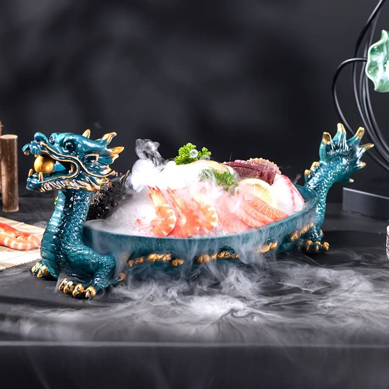 HONHPD 21 Inch Creative Sushi Boat Serving Tray,Dragon Head Sashimi Sushi Plate,Large Sushi Boat Plate for Sashimi Board Seafood Party,Great for Sushi Restaurant or Home,Dragon Plates Turquoise