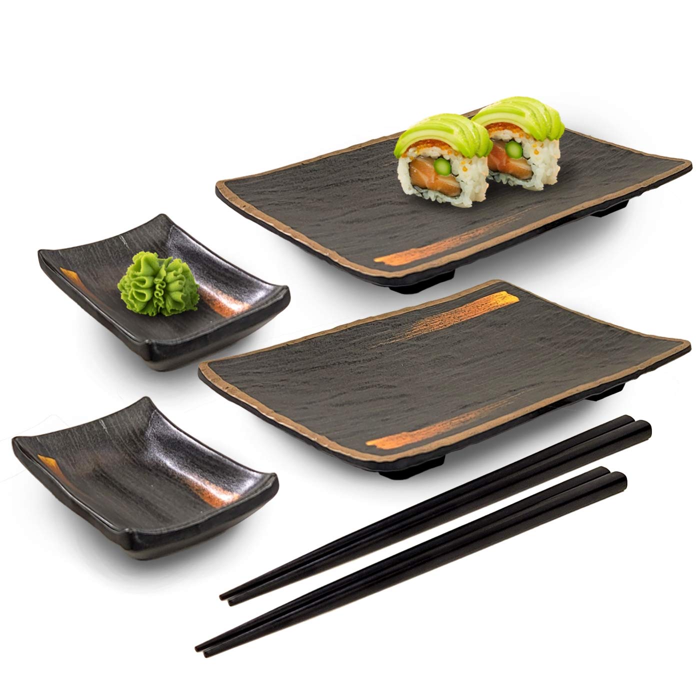 Happy Sales HSMSP-GLDBRU, Japanese Style 6 Piece Perfect Sushi Set for Two Melamine Sushi Plates Sauce Dish and Chopsticks Dinnerware Set, Gold Brush