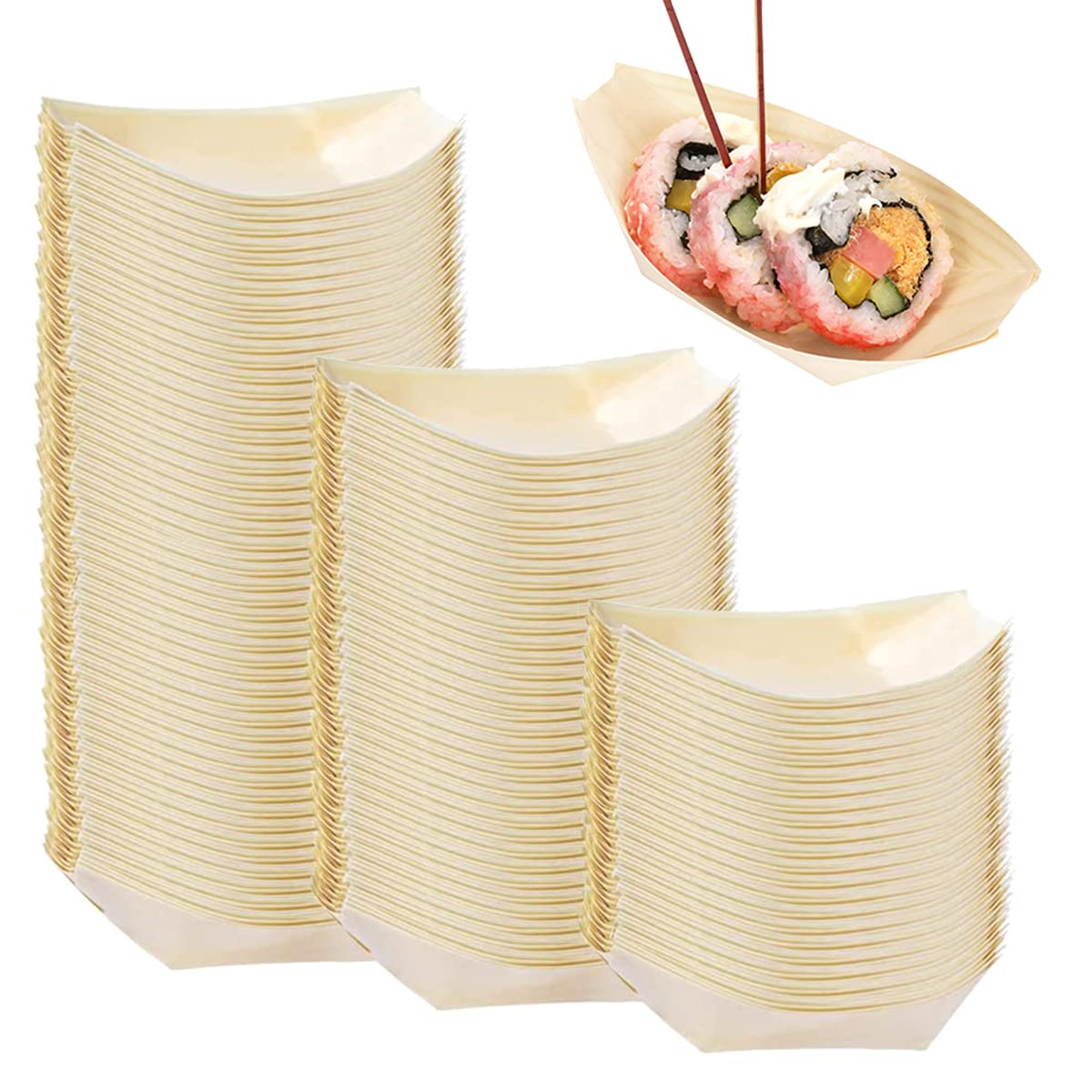 DOERDO 100pcs 3.5 Inch Bamboo Wooden Boat Disposable Wood Boat Plates Dishes Sushi Boat Sushi Serving Tray Food Container Wood Bowl for Catering and Home Use