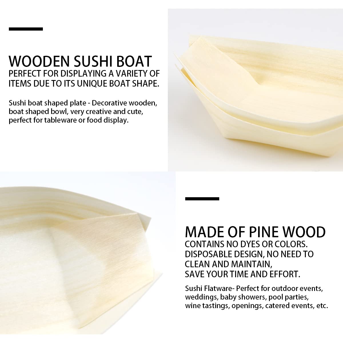 DOERDO 100pcs 3.5 Inch Bamboo Wooden Boat Disposable Wood Boat Plates Dishes Sushi Boat Sushi Serving Tray Food Container Wood Bowl for Catering and Home Use