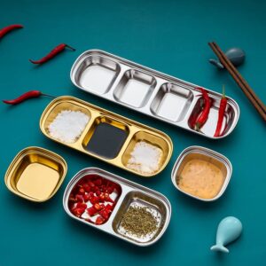 SOUJOY 4 Pcs Stainless Steel Sauce Dish, Divided Seasoning Sauce Dip Bowl, 1/2/3/4 Compartment Korean Ketchup Sauce Bowl, Vinegar Soy Spice Condiment Tray for Home Restaurant